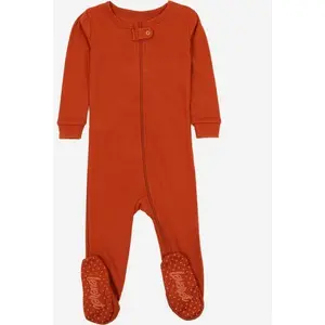 LEVERET Printed Cotton Footed Pajamas Rust
