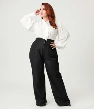 Unique Vintage High-waist Wide Leg Trousers - Black Solid