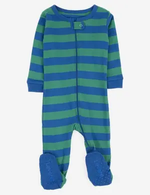 LEVERET Printed Footed Cotton Pajamas Striped Blue & Green