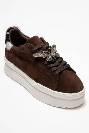 FOREVER & ALWAYS SHOES Anda Leather Buckled Sneakers - Brown Suede Leather