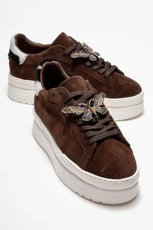 FOREVER & ALWAYS SHOES Anda Leather Buckled Sneakers - Brown Suede Leather
