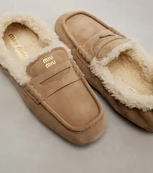 Miu Miu Shearling-lined Suede Penny Loafers - Beige