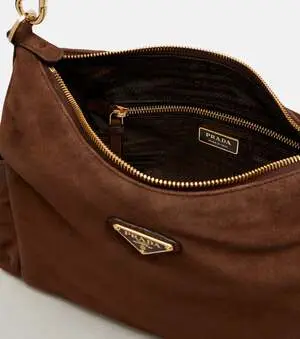 Prada Large Suede Shoulder Bag - Brown