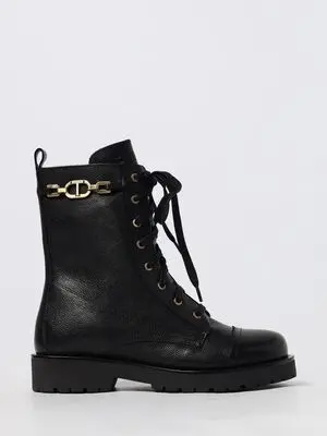 TWINSET Leather Lace-up Combat Boots With Gold-tone Buckle Detail