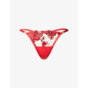 Bluebella Lavanya Floral-embroidered Stretch-mesh Thong - Red/ Black/ Sheer