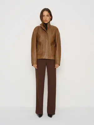 REFORMATION Leather Oversized Bomber Jacket - Brown