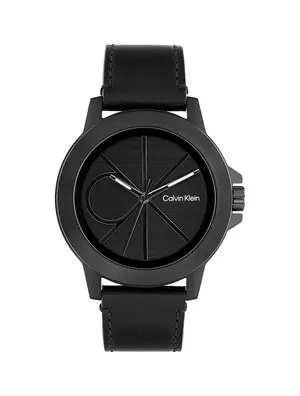 Calvin Klein Emblem Dial Leather Strap Watch - Black