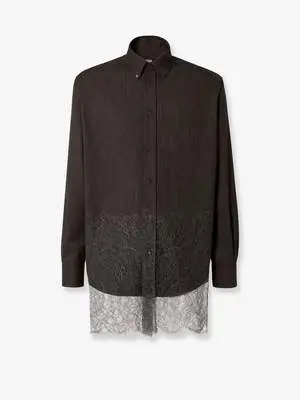 Fendi Pinstriped Wool Shirt With Lace Insert - Brown