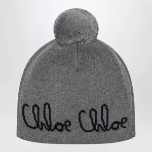 Chloé Pom-pom Beanie With Embroidered Logo - Grey