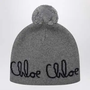 Chloé Pom-pom Beanie With Embroidered Logo - Grey