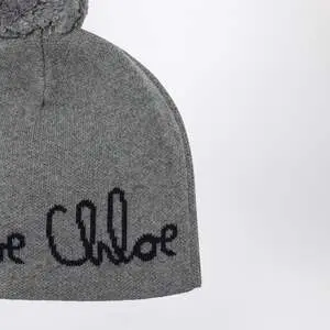 Chloé Pom-pom Beanie With Embroidered Logo - Grey