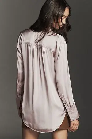 PILCRO Longline Silky Buttondown Shirt - Blush Pink
