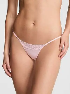 Pink Cotton Lace-trim Micro Thong Panty - Pink