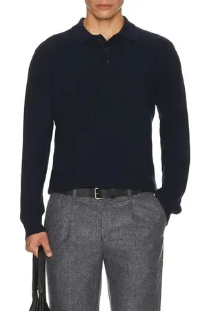 Rag & Bone Crawford Cashmere Blend Long Sleeve Polo - Navy