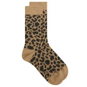 ROTOTO Leopard Pattern Merino Crew Socks - Beige/charcoal