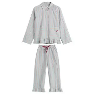 DAMSON MADDER Frill Florie Pj Set - Blue/burgundy Stripe