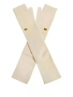 GANNI Ribbed Gloves With Logo Appliqu - Neutrals