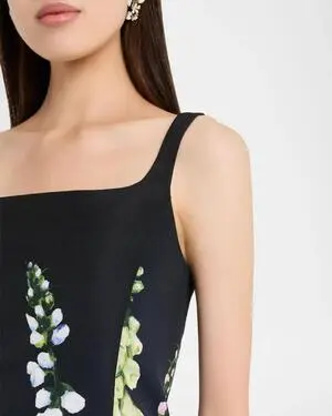 Oscar De La Renta Multi Foxglove Degrade Printed Faille Midi Cocktail Dress - Navy Multi