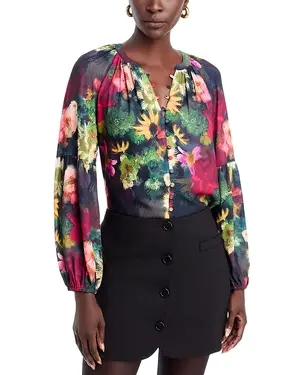 T Tahari Floral Split Neck Button Down Blouse