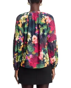 T Tahari Floral Split Neck Button Down Blouse