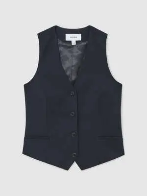 REISS Gabi Single-breasted Twill Waistcoat - Navy