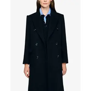 Sandro Long Double-breasted Wool-blend Coat - Black