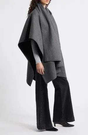 Nordstrom Doubleface Ruana With Attached Scarf - Charcoal Grey- Black