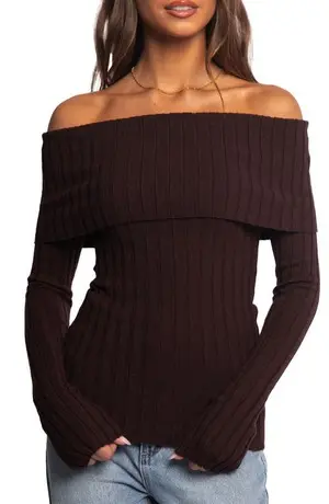 PETAL & PUP Inora Foldover Off-the-shoulder Ribbed Sweater - Chocolate