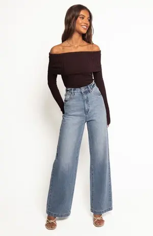 PETAL & PUP Inora Foldover Off-the-shoulder Ribbed Sweater - Chocolate