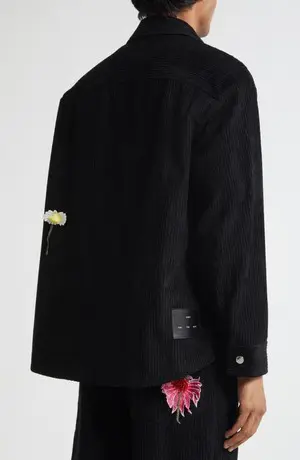 SONG FOR THE MUTE Floral Appliqué Corduroy Shirt Jacket - Black