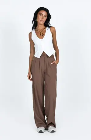 Princess Polly Archer Pleated High Waist Straight Leg Pants - Brown