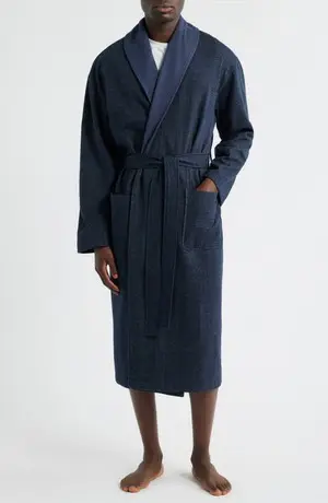 Majestic International Shawl Collar Cotton Blend Herringbone Robe - Navy Chevron