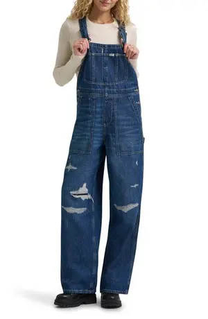 LEEM Distressed Relaxed Denim Overalls - Blue Theory