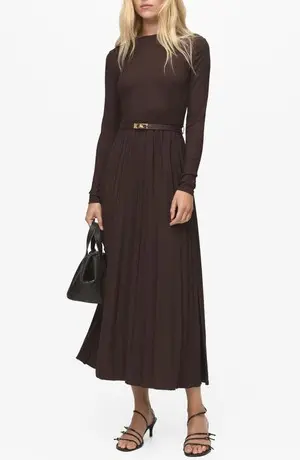 Mango Pleated Belted Maxi Dress - Chocolate