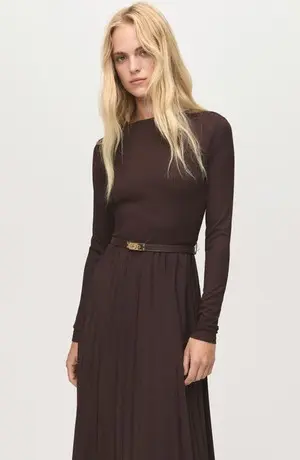 Mango Pleated Belted Maxi Dress - Chocolate