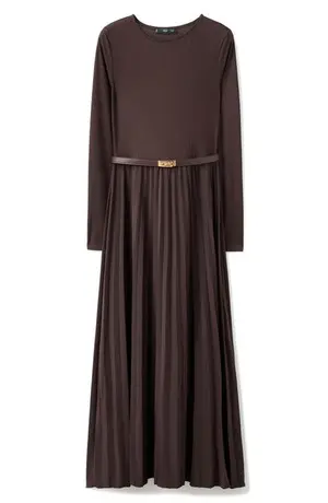 Mango Pleated Belted Maxi Dress - Chocolate