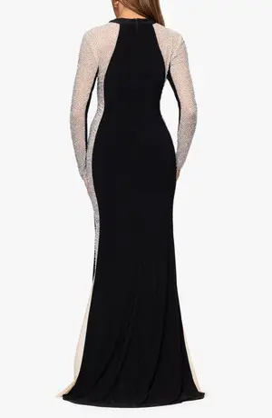 XSCAPE EVENINGS Beaded Mesh Long Sleeve Gown