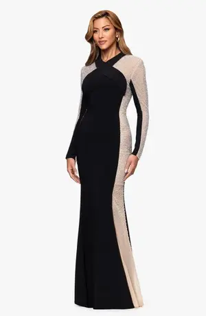 XSCAPE EVENINGS Beaded Mesh Long Sleeve Gown