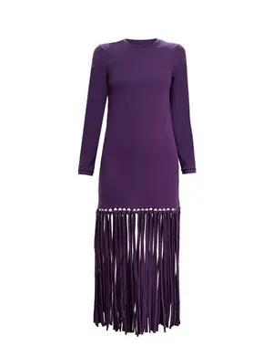 NO PISE LA GRAMA Long Sleeve T-shirt Dress With Fringe - Purple
