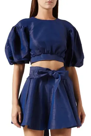 NO PISE LA GRAMA Taffeta Puff-sleeve Crop Top