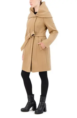Cole Haan Twill Belted Hooded Coat - Beige