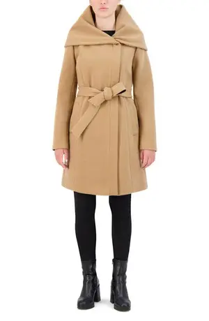 Cole Haan Twill Belted Hooded Coat - Beige