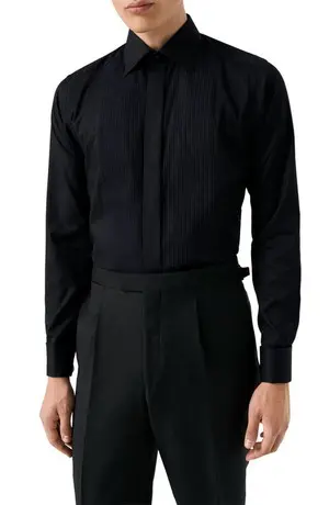 Eton Slim Fit Cotton Plissé Tuxedo Shirt - Black