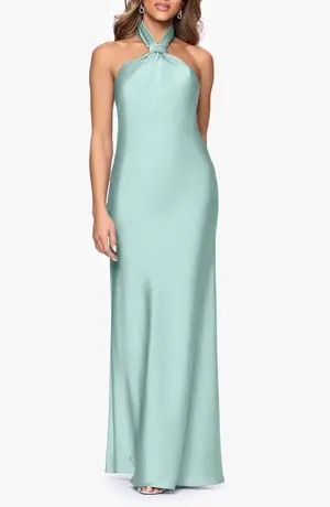 Betsy & Adam Satin Halter Maxi Dress - Sage