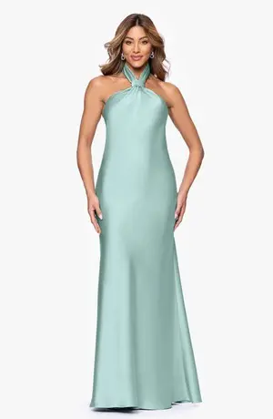 Betsy & Adam Satin Halter Maxi Dress - Sage