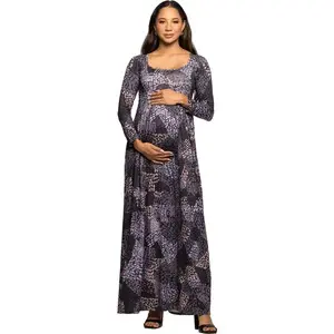 24SEVEN COMFORT APPAREL Printed Empire Waist Maxi Dress - Gray Multi