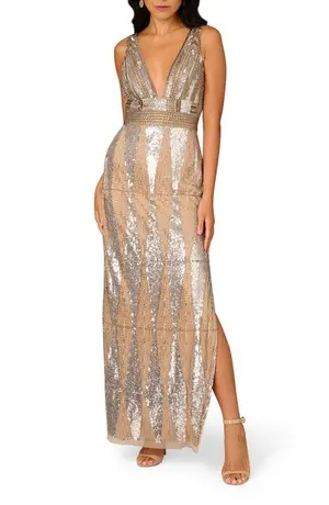 Aidan Mattox Plunge Neck Beaded Gown - Silver Multi