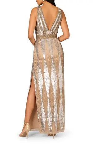 Aidan Mattox Plunge Neck Beaded Gown - Silver Multi