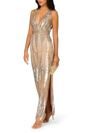 Aidan Mattox Plunge Neck Beaded Gown - Silver Multi