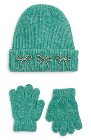 RUBY & RY Three Bow Cuff Beanie & Knit Gloves Set
